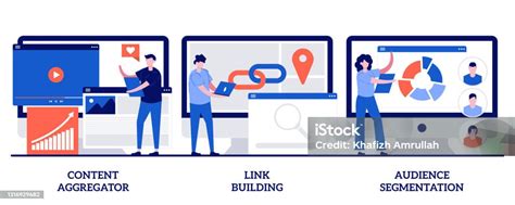 콘텐츠 집계 링크 구축 청중 세분화 개념과 작은 사람들 콘텐츠 마케팅 벡터 일러스트 레이션 세트입니다 페이지 순위 타겟 타겟