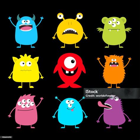 귀여운 몬스터 아이콘 세트입니다 즐거운 할로윈 보내세요 만화 다채로운 무서운 재미 있는 문자입니다 눈 혀 손까지 재미 있는 베이비 컬렉션입니다 검은 배경 격리 평면