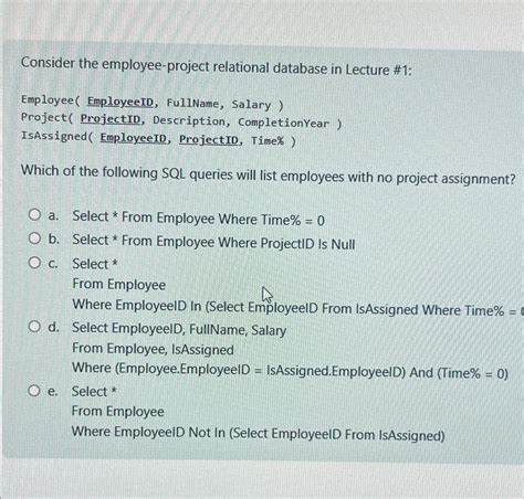 Solved Consider The Employee Project Relational Database In Chegg