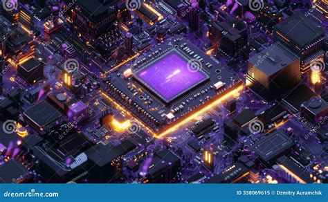 An Isometric Banner Of A CPU Central Computer Processor Illuminated Against A Blue Background