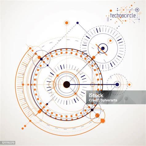 기계 구성표 동그라미와 메커니즘의 기하학적 부품 벡터 엔지니어링 도면 기술 계획은 웹 디자인 및 배경 화면 또는 배경으로 사용할 수 있습니다 0명에 대한 스톡 벡터 아트 및