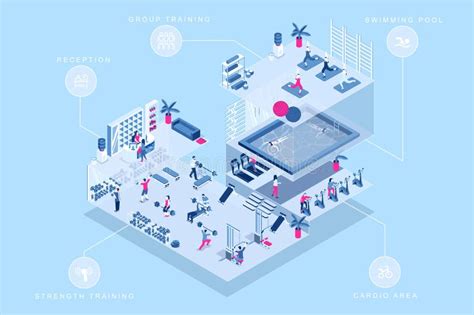 Fitness Gym 3d Isometric Concept For Web Design People In Isometry Rooms Registering At