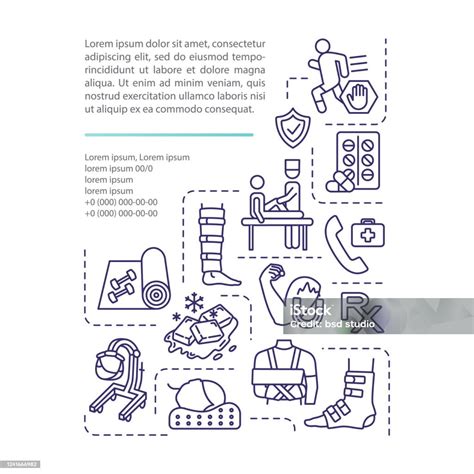텍스트와 스포츠 외상 응급 처치 개념 아이콘입니다 체육관 및 피트니스 외상 치료 및 치료 Ppt 페이지 벡터 템플릿입니다 브로셔 잡지 선형 일러스트가 있는 소책자 디자인