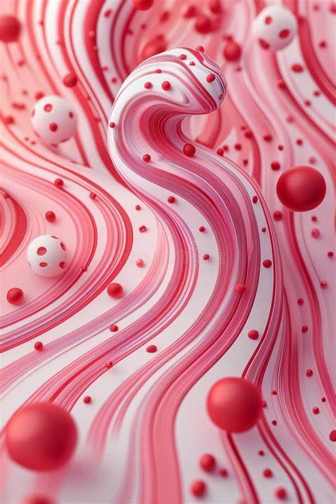 Abstract Red And White Flowing Patterns With Spheres Creating A Dynamic