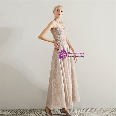 In Stockship In 48 Hours Pink Lace V Neck Long Prom With Pearls