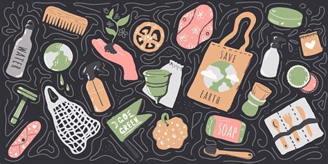 제로 폐기물 라이프 스타일 벡터 일러스트 세트 플라스틱 없음 에코 백 나무 칼 붙이 빗 칫솔 수세미 비누 샴푸 생리컵 및 패드
