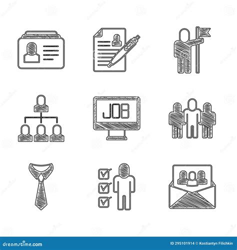 Set Search Job Resume Project Team Base Tie Employee Hierarchy Man Holding Flag And Icon