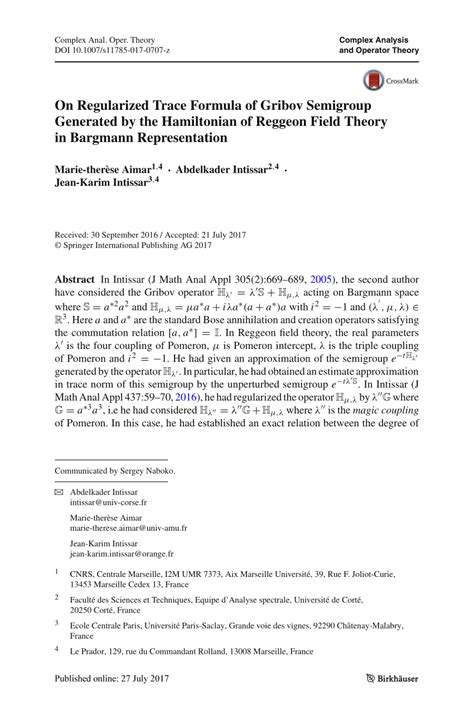 Pdf Complex Analysis And Operator Theory On Regularized Trace Formula Of Gribov Semigroup