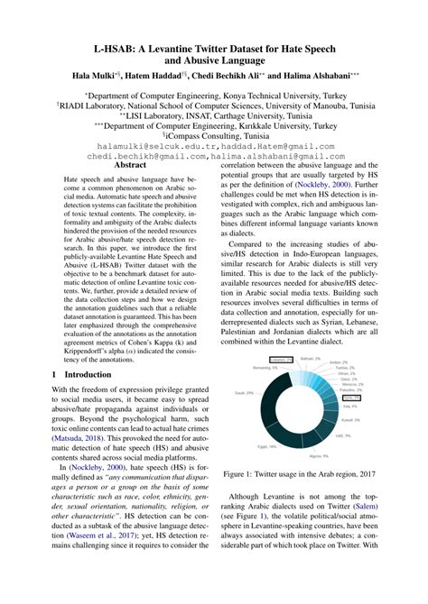 Pdf L Hsab A Levantine Twitter Dataset For Hate Speech And Abusive