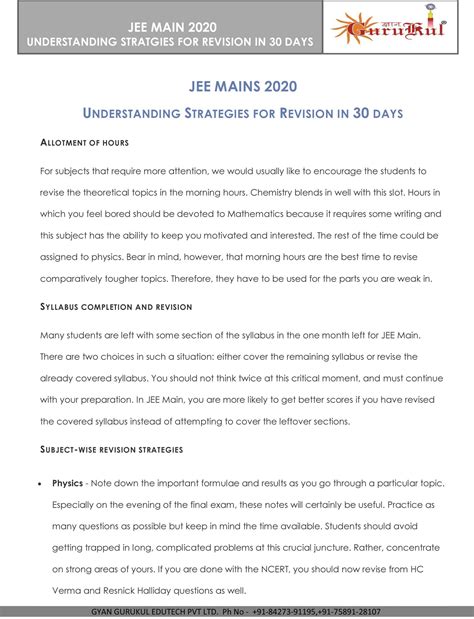 JEE MAINS 2020 UNDERSTANDING STRATEGIES FOR Revision In 30 Days Gyan Gurukul