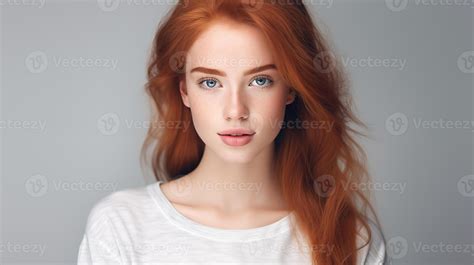 Portrait Of Beautiful Teen Girl With Ginger Hair Blue Eyes Plump Lips