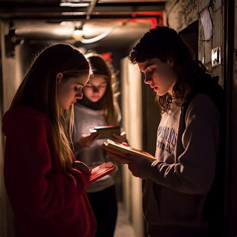 Two Teenage Girls Reading A Book In A Subway Car In The Evening