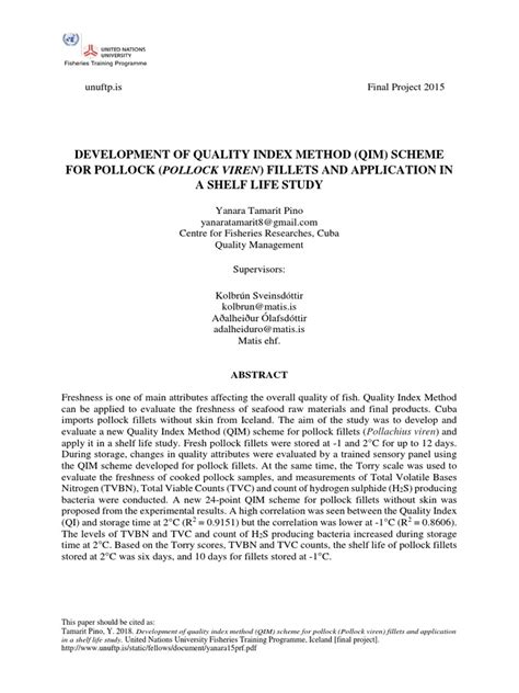 Development Of Quality Index Method Qim Scheme For Pollock Pollock Viren Fillets And