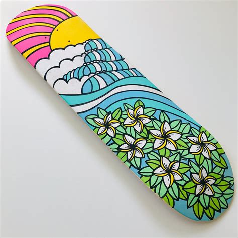 Hand Painted Plumeria Surf Skateboard Deck Original Art