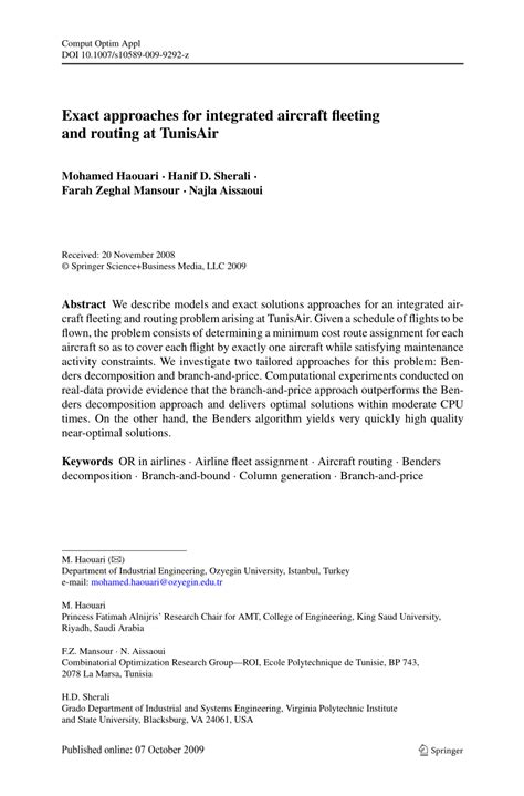 Pdf Exact Approaches For Integrated Aircraft Fleeting And Routing At Tunisair