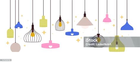 교수형 램프 배너 전구가있는 가정용 천장 조명 전기 현대 인테리어 장식 디자인 조명 장식 빈티지 샹들리에 복고풍 선정적인 벡터 배경 천장에 대한 스톡 벡터 아트 및 기타