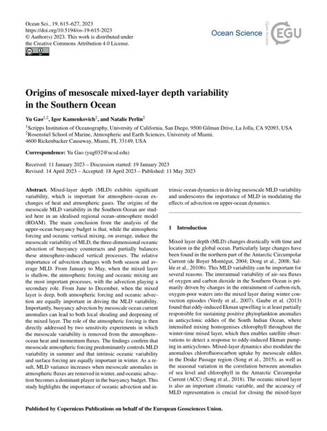Pdf Origins Of Mesoscale Mixed Layer Depth Variability In The Southern Ocean
