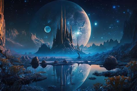 Premium Ai Image Alien Planet Landscape At Night With Moons In The