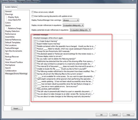 SolidWorks Dismissed Warning And Error Messages