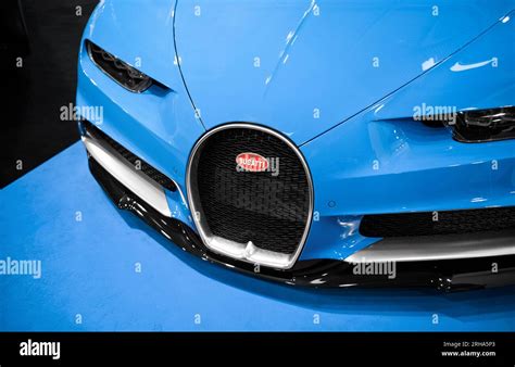 Front Part Of Blue Bugatti Chiron Hypercar Close Up Shot Of Very
