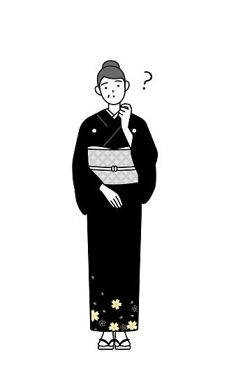 신년 인사와 결혼식 기모노를 입은 선배 여성이 고개를 끄덕이며 의문을 제기합니다 Hatsumode에 대한 스톡 벡터 아트 및 기타 이미지 Hatsumode 검은색