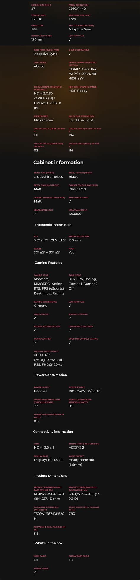 AOC Q27G2S 27 QHD IPS 1ms 165Hz Adaptive Sync Gaming Monitor