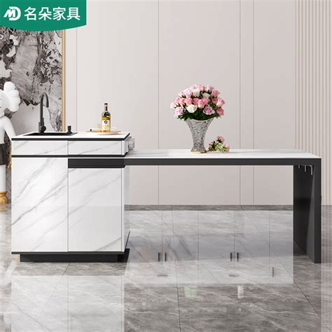轻奢岩板中岛台餐桌一体厨房可伸缩现代家用多功能茶桌吧台5E6 虎窝淘