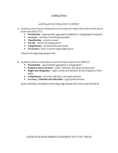 Auditing Theory Notes Auditing Theory Assurance In The Audit Context A Assertions About