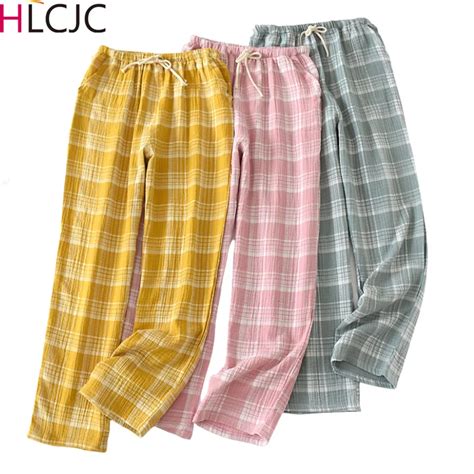 봄 여름 커플 체크 무늬 바지 여성 남성 잠옷 코튼 더블 거즈 얇은 수면 바지 캐주얼 여성 잠옷 가정 의류 수면병 Aliexpress