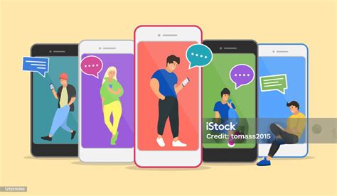 모바일 가젯을 사용하여 젊은 사람들의 채팅 그림 플랫 큰 편지 채팅 과 음성 스마트 폰 내부 의 남자 사람들 Brand Name Online Messaging