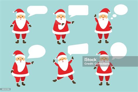 벡터 장식와 밝은 배경에 대 한 연설 거품과 절연 만화 산타 클로스 문자의 집합입니다 메리 크리스마스 그리고 새 해 복의