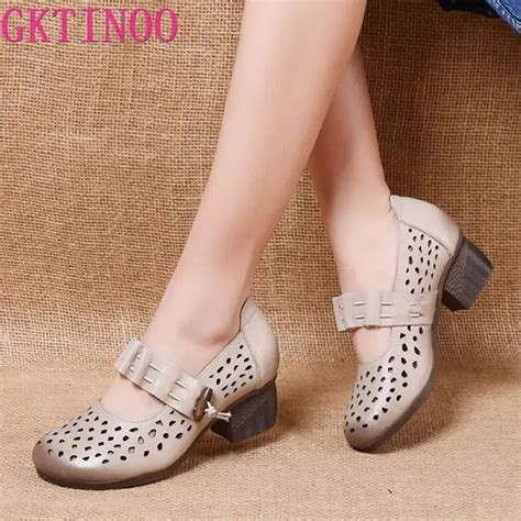 Gktinoo 2021 여름 정품 가죽 신발 검투사 샌들 여성 하이힐 클래식 블랙 Peep Toe Hollow Ladies