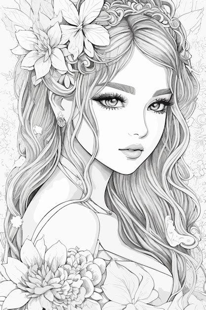 Un Disegno In Bianco E Nero Di Una Ragazza Con Dei Fiori Tra I Capelli Vettore Premium