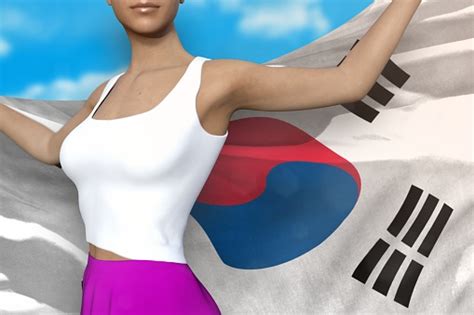 밝은 치마에 젊은 여자를 보유 하 고 한국 플래그 손에 흐린 하늘 배경플래그 개념 3d 그림에 그녀의 뒤 개념에 대한 스톡 사진 및 기타 이미지 Istock