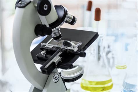 Researched Microscope Slides Under The Monocular Microscope Close Up Of The Test Sample Under