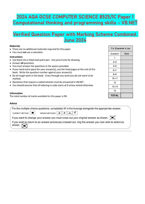 2024 Aqa Gcse Computer Science 85251c Paper 1 Computational Thinking And Programming Ski