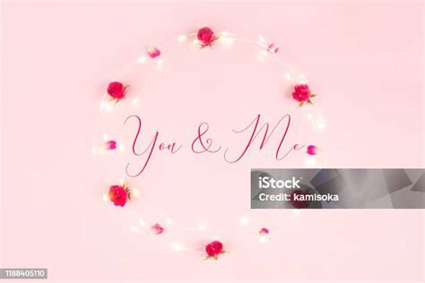 분홍색 배경에 요정 조명이 달린 장미와 장미 꽃잎의 프레임에 Youme 비문이 새겨져 있습니다 공휴일에 대한 스톡 사진 및 기타 이미지 Istock
