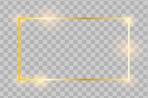 조명 효과와 황금 프레임 빛나는 고급 배너 벡터 일러스트 스파크와 스포트라이트 라이트 효과와 함께 골든 프레임 라인을 빛납니다 투명에 격리 된 빛나는 사각형 배너 인사하기에