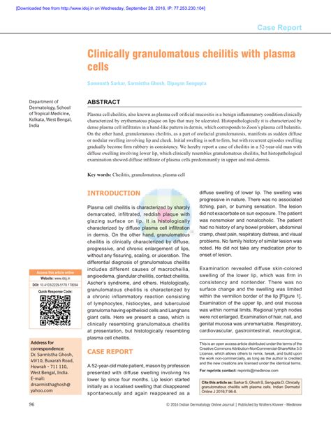 Pdf Clinically Granulomatous Cheilitis With Plasma Cells