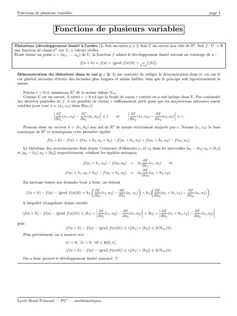Fonctions De Plusieurs Variables Quelques Démonstrations Version Du 27 Mars 2023 Pdf