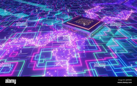 Modern Ai Processor At Work On Motherboard Data Flow Particles And Waves Glowing Energy Flow