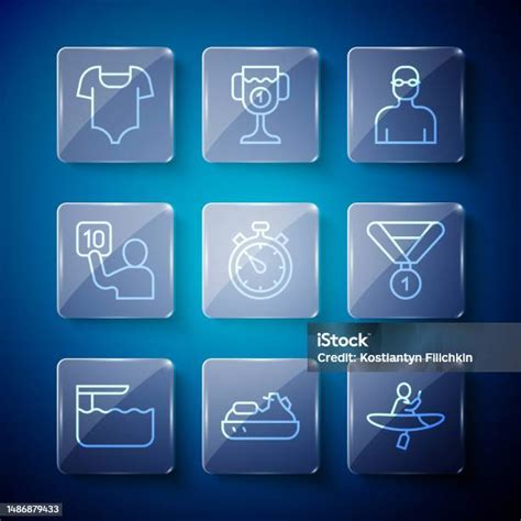 세트 라인 다이빙 보드 또는 스프링 보드 제트 스키 카약 및 패들 수영 선수 스톱워치 심사 위원 평가 수영복 및 메달 아이콘