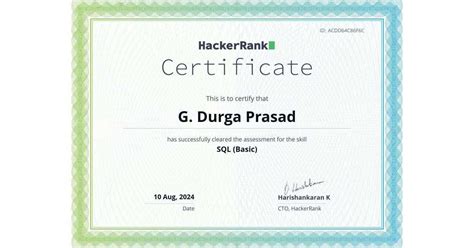 G Durga Prasad On Linkedin Hackerrank Skill Certificate