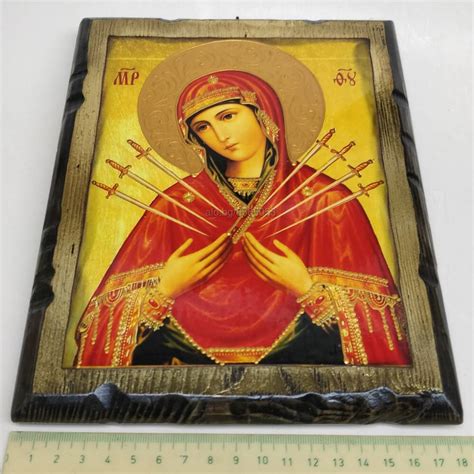 Ръчно изработена икона върху дърво Св Богородица Седмострелна Друг метод 24 Cm 18 Cm Дърво