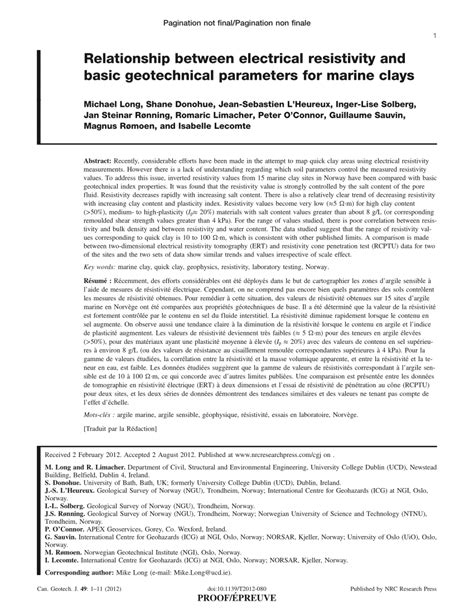 Pdf Relationship Between Electrical Resistivity And Basic Geotechnical Parameters For Marine Clays