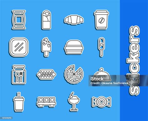 트레이 아이스크림 크루아상 스테이크 고기 가방 또는 패킷 감자 칩과 버거 아이콘으로 덮여 세트 라인 캔디 벡터 가리기에 대한 스톡 벡터 아트 및 기타 이미지 Istock