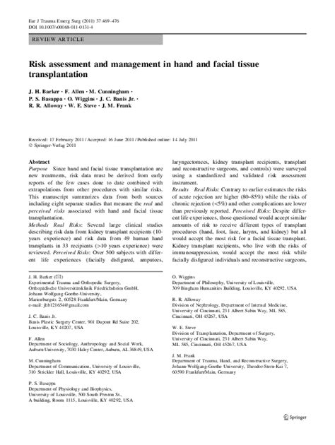 Pdf Risk Assessment And Management In Hand And Facial Tissue