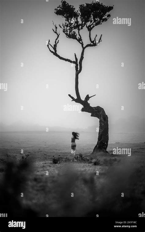 Description Woman In Sportwear Spinning Wildly Next To A Single Laurel
