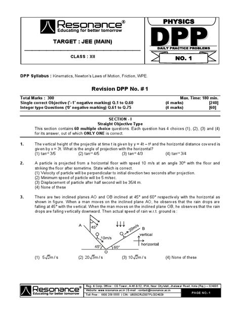 Resonance Revision Dpp Physics 1 To 8 Sets Jee Mains And Advanced 2022 Download Free Pdf