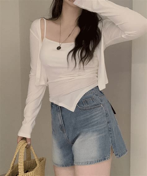 10921 Set 쫀쫀 레이어드 언발 사선 브라캡 나시t크롭 가디건 세트 3color